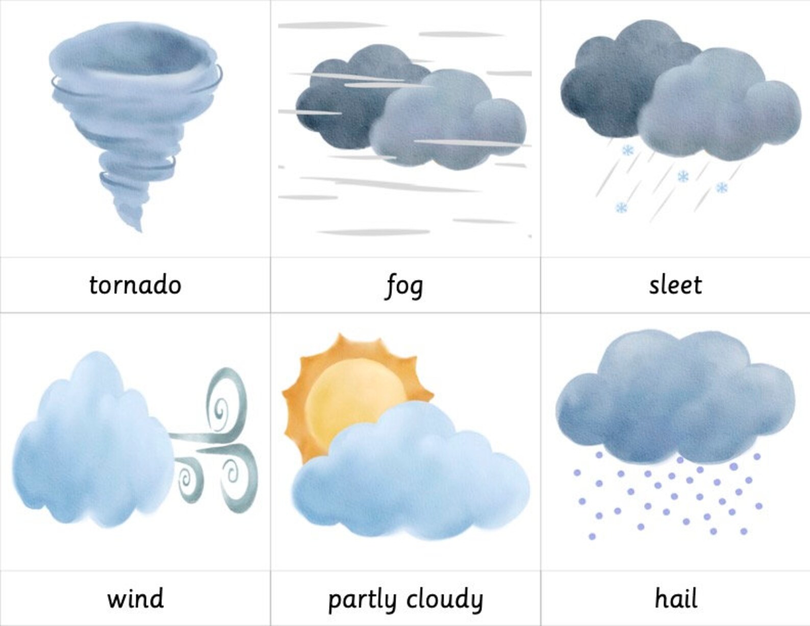 Montessori 3 Part Cards Watercolor Weather - Etsy