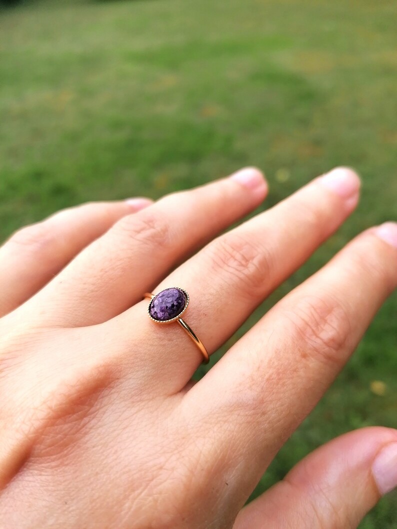 ALIX Collection Ring With an Oval Floral Stone in Purple Wild Carrot Flowers Adjustable Gold or ...