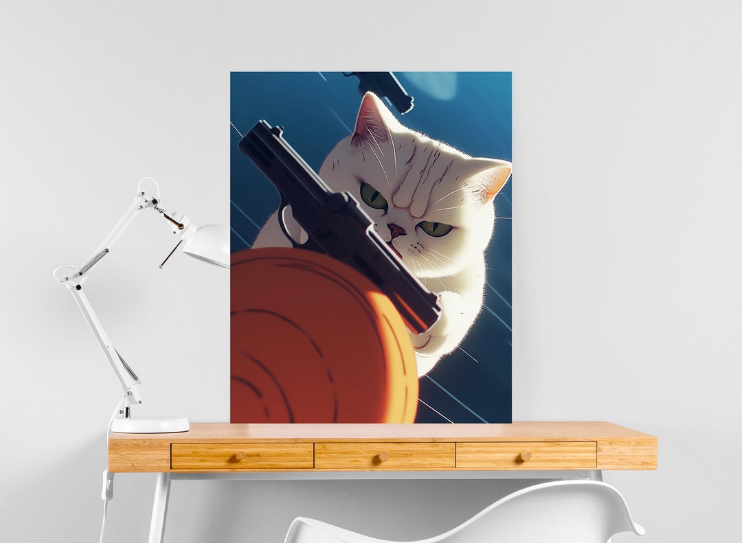 Cat With a Gun Poster ,nine Lives One Shot, Fluffy White Cat Holding a ...
