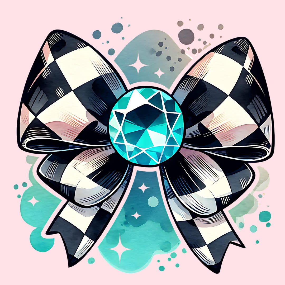 Black and White Checkered Teal Gem Clipart Girly PNG, Retro Bow ...