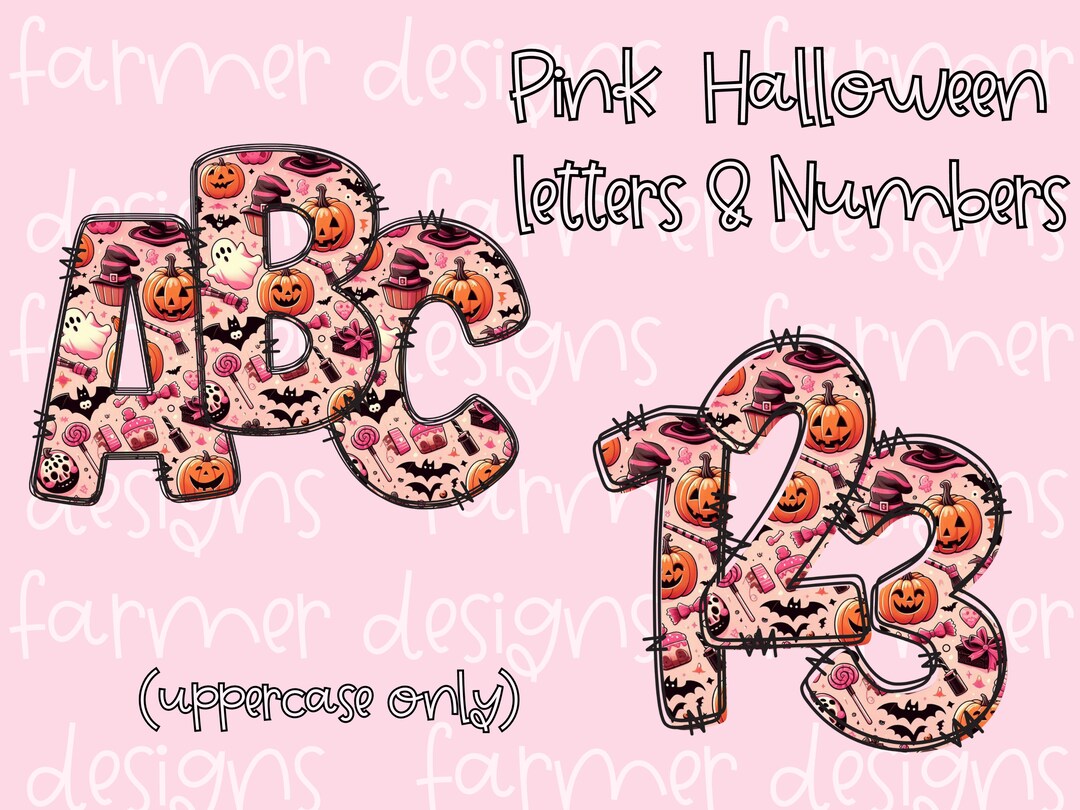 Pink Halloween Doodle Alphabet PNG Sublimation Alpha Design Uppercase ...