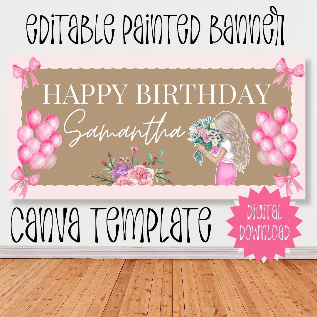 Pink Girly Painted Birthday Banner Editable Canva Template Digital ...