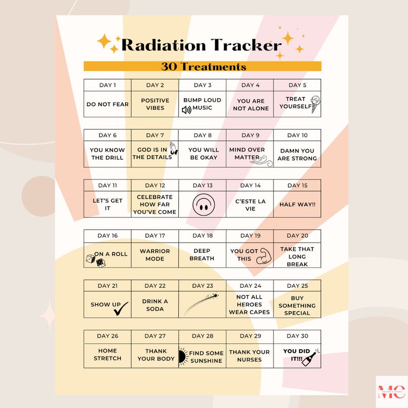 Radiation Treatment Tracker, 30 Session Countdown Calendar (printable ...