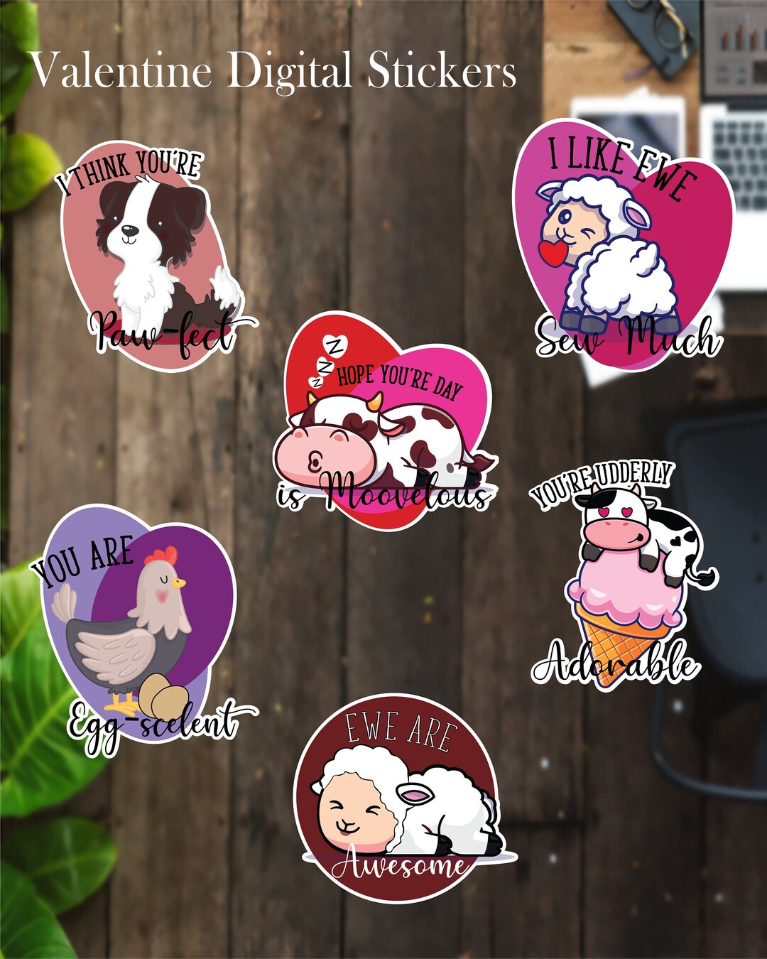 Farm Animal Digital Valentines Day Stickers Digital Downloadable - Etsy