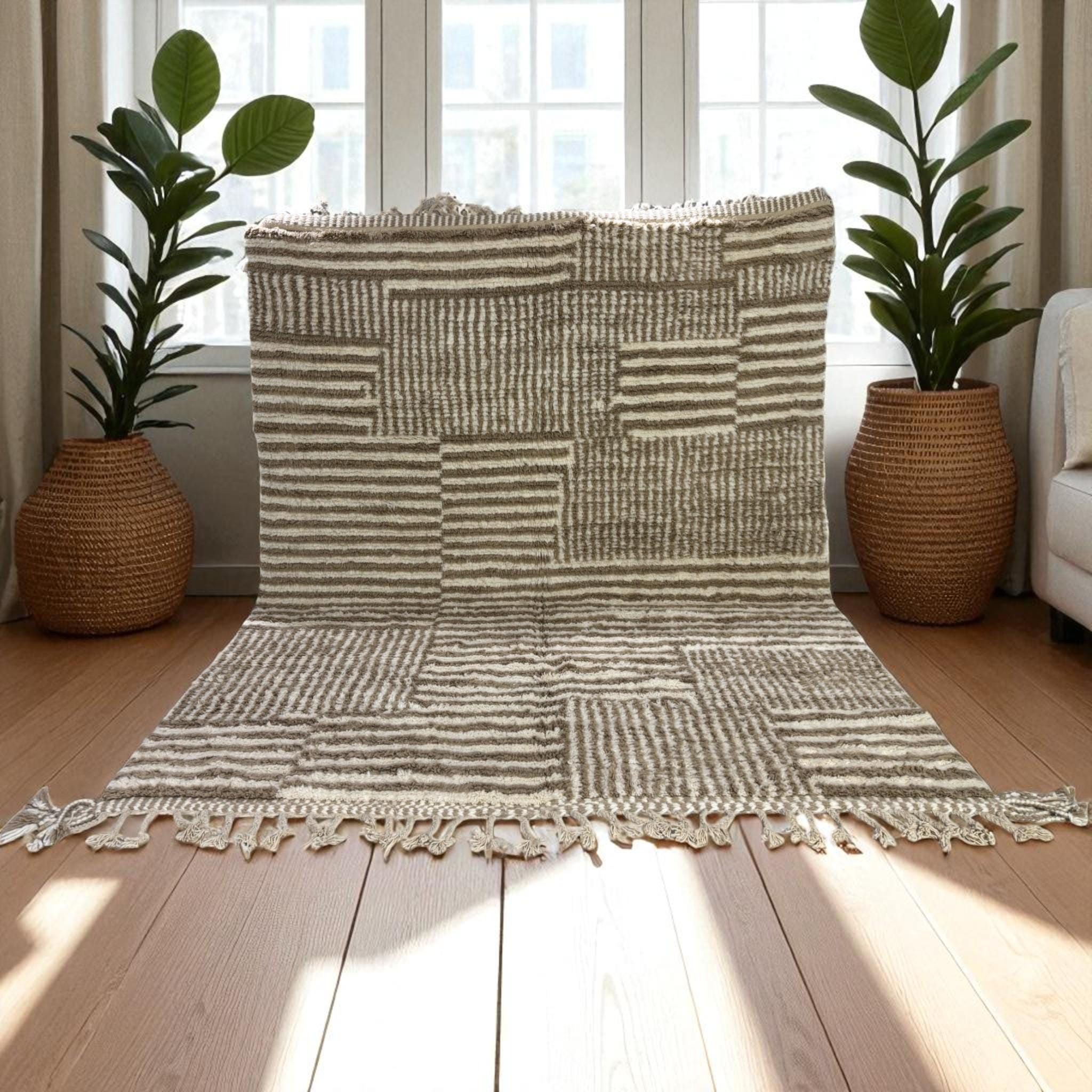 Travertine Striped Moroccan Wool Rug | Handwoven Neutral Berber Carpet ...