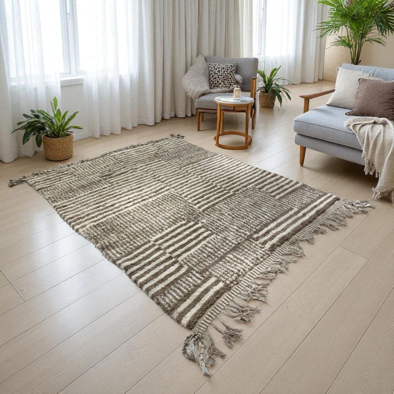 Travertine Striped Moroccan Wool Rug | Handwoven Neutral Berber Carpet ...