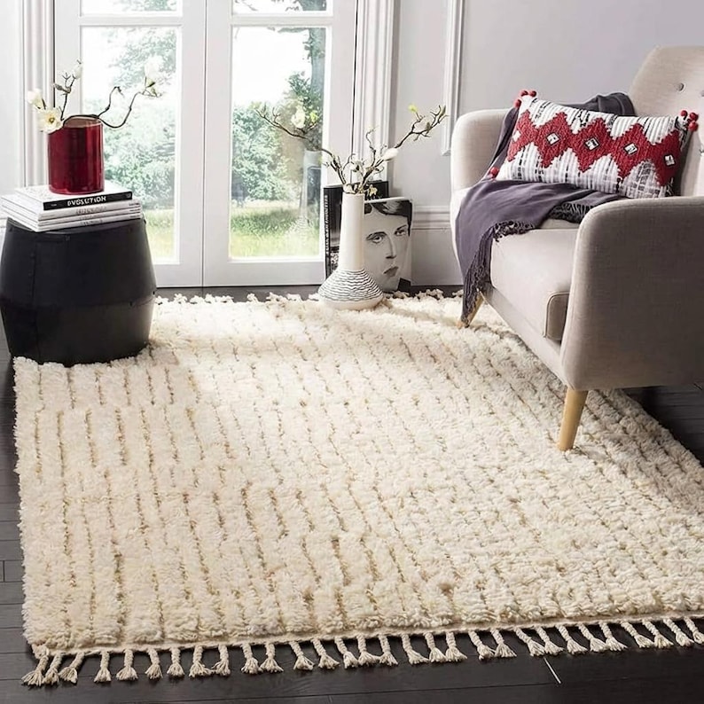 Handmade Moroccan Shag Rug | Ivory Cream High Pile | Tonal Vertical ...