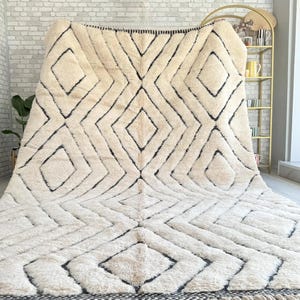 Elegant Moroccan Shag Rug With Black Geometric Diamond Pattern and ...