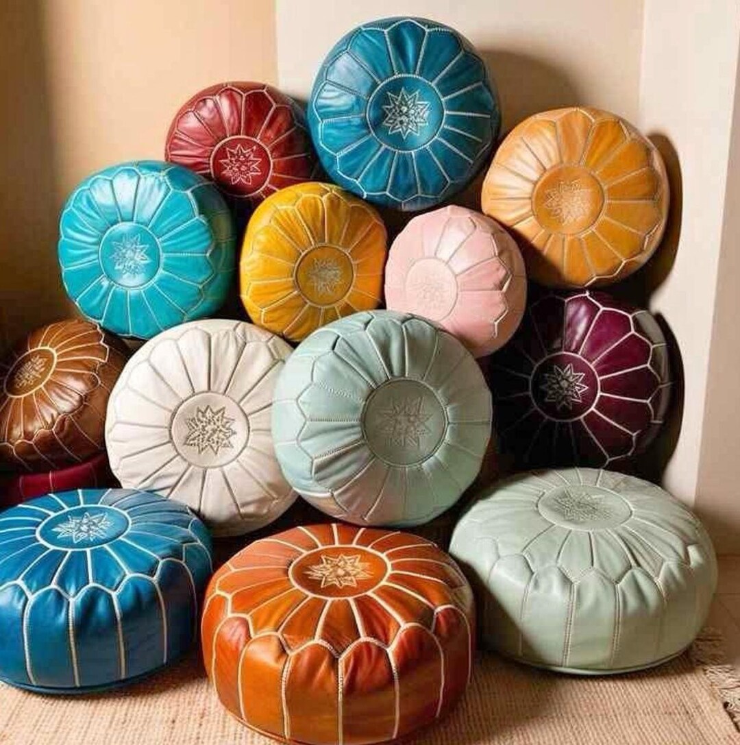 Moroccan Cover POUF With White Stitching Leather Pouf Ottoman Pouf ...