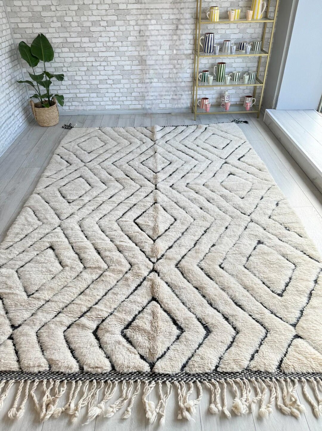 Elegant Moroccan Shag Rug With Black Geometric Diamond Pattern and ...