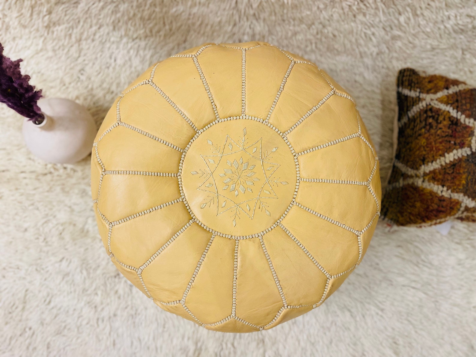 Moroccan POUF 70% OFF With White Stitching Leather Pouf Ottoman Pouf ...