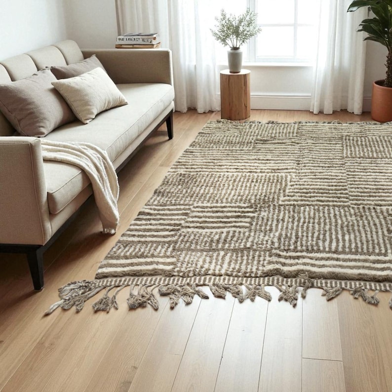 Travertine Striped Moroccan Wool Rug | Handwoven Berber Carpet ...