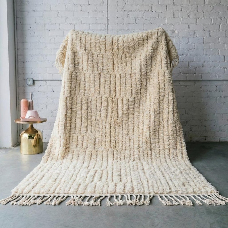 Handmade Moroccan Shag Rug | Ivory Cream High Pile | Tonal Vertical ...
