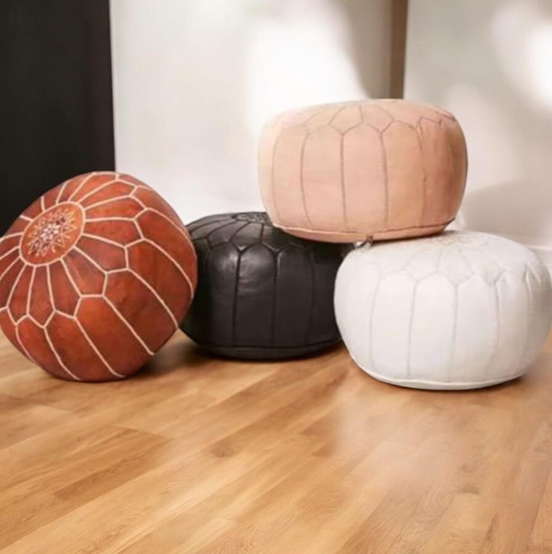 Moroccan POUF **70% OFF** With White Stitching Leather Pouf Ottoman ...