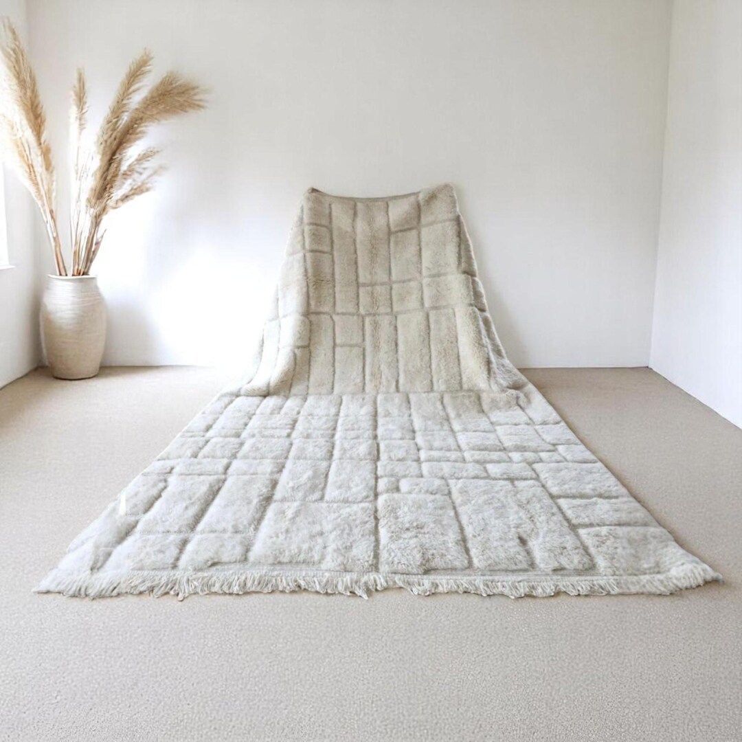 Ivory Beni Mrirt Rug – Textured Wool Carpet – Modern Handmade Moroccan ...