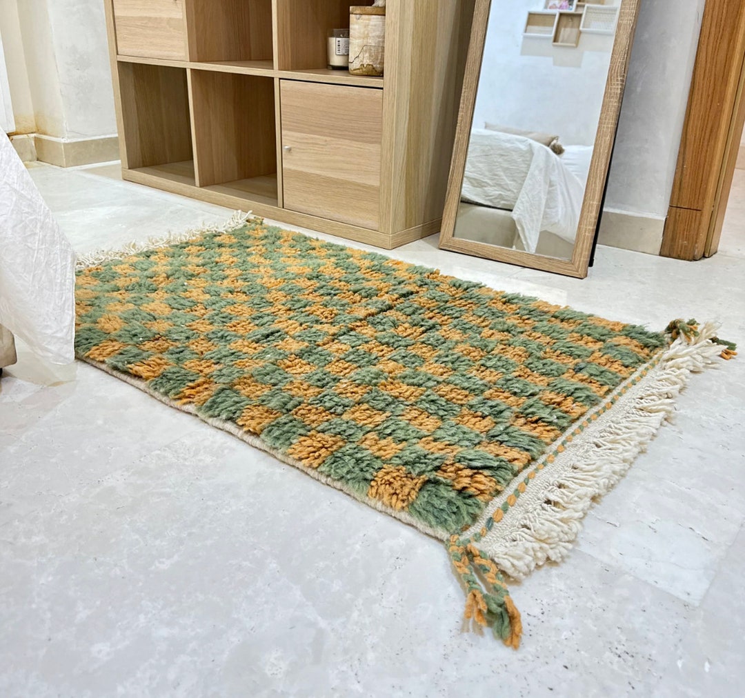 70% Off Handmade Green and Yellow Checkerboard Rug Cozy Shaggy Area Rug ...
