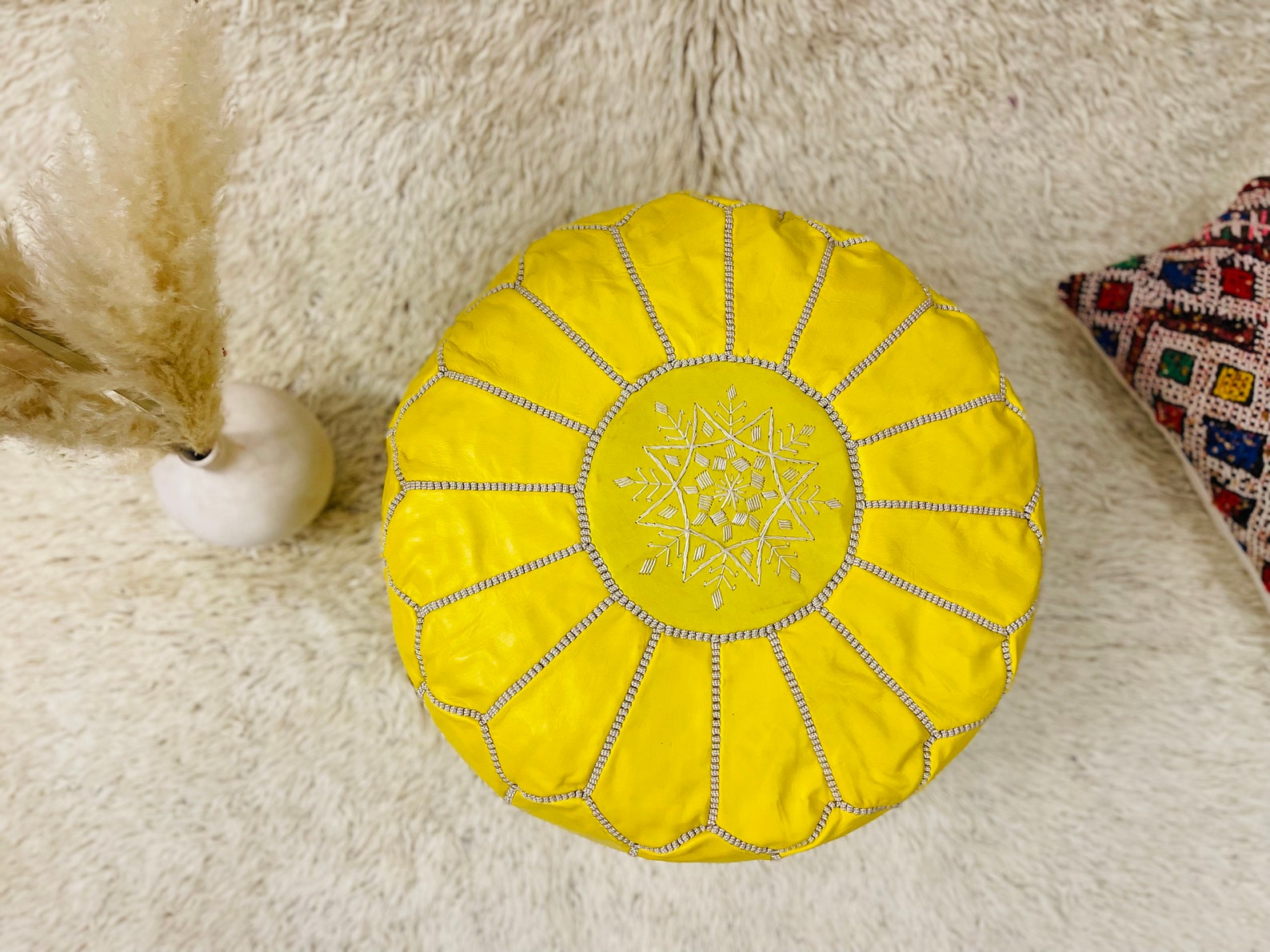 Moroccan POUF 70% OFF With White Stitching Leather Pouf Ottoman Pouf ...