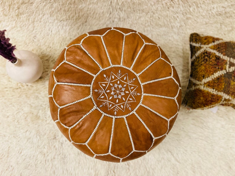 Moroccan Cover POUF With White Stitching Leather Pouf Ottoman Pouf ...