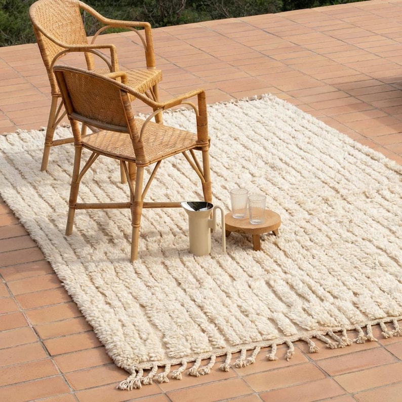 Handmade Moroccan Shag Rug | Ivory Cream High Pile | Tonal Vertical ...
