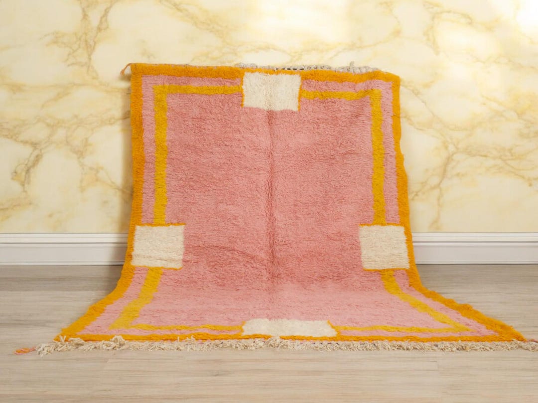 70% OFF* Handmade Pink and Yellow Wool Rug, Geometric Modern Area ...