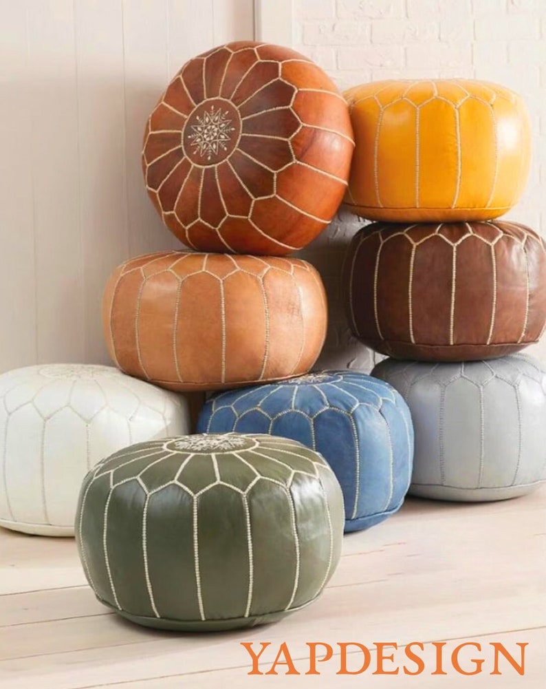 Moroccan POUF 70% OFF With White Stitching Leather Pouf Ottoman Pouf ...