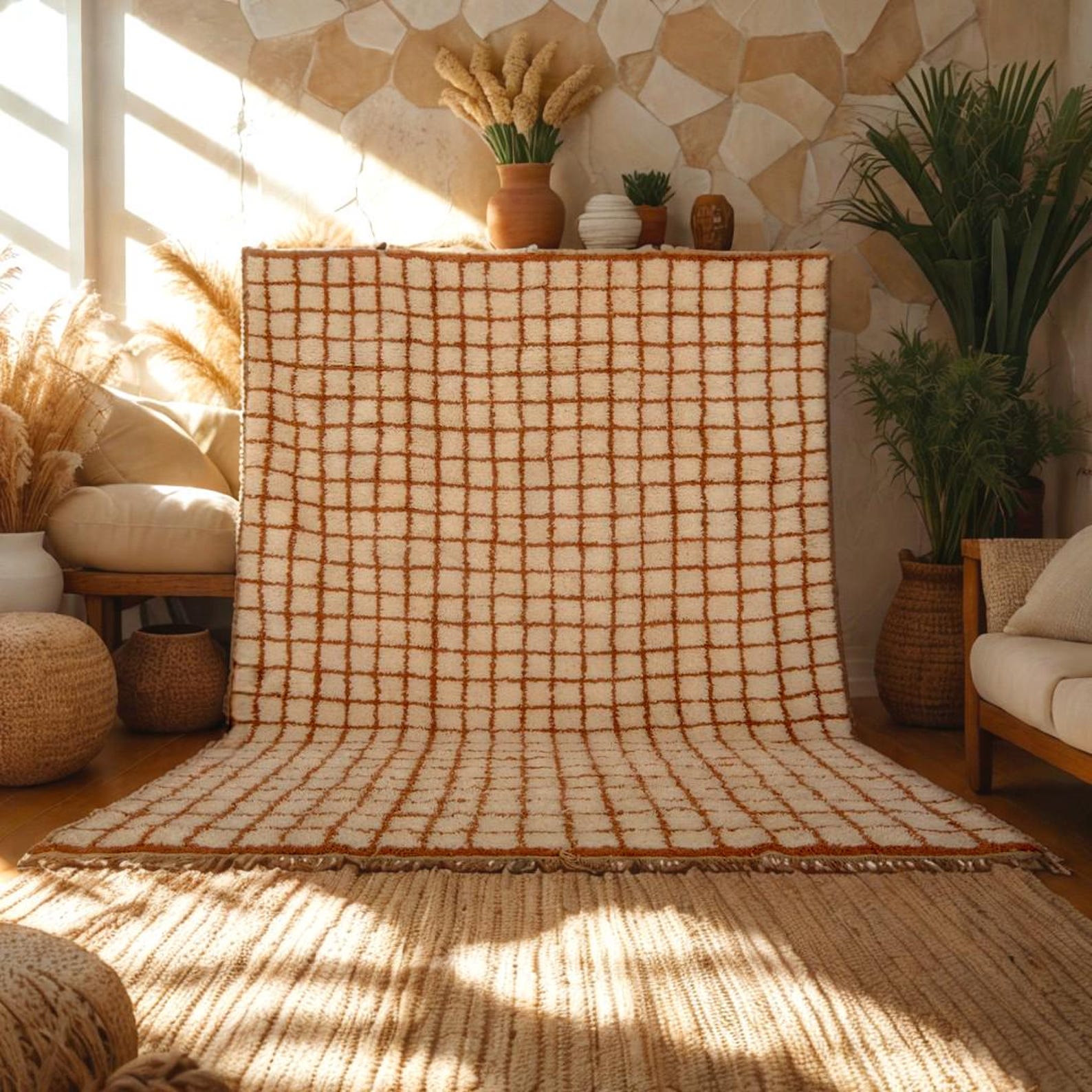 Checkered Moroccan Rug – Handwoven Beni Ourain Style – Custom Wool ...