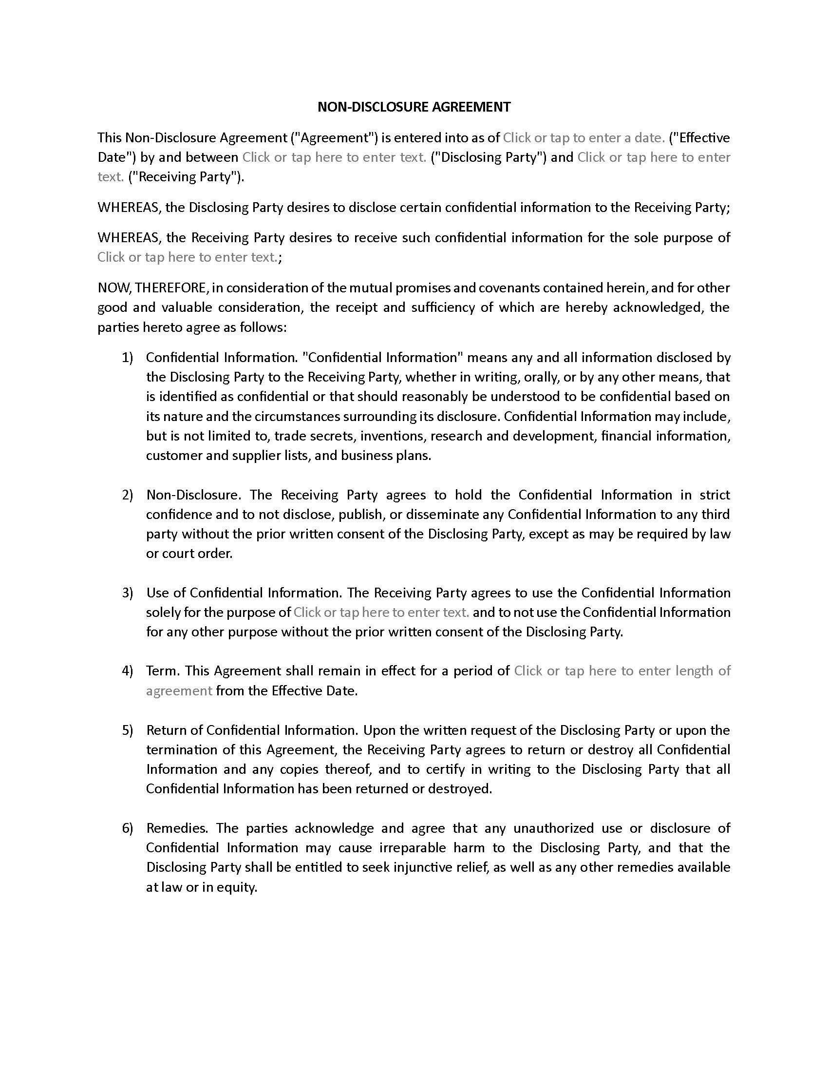 Contract Non-disclosure Agreement Template Fillable Form Customize ...