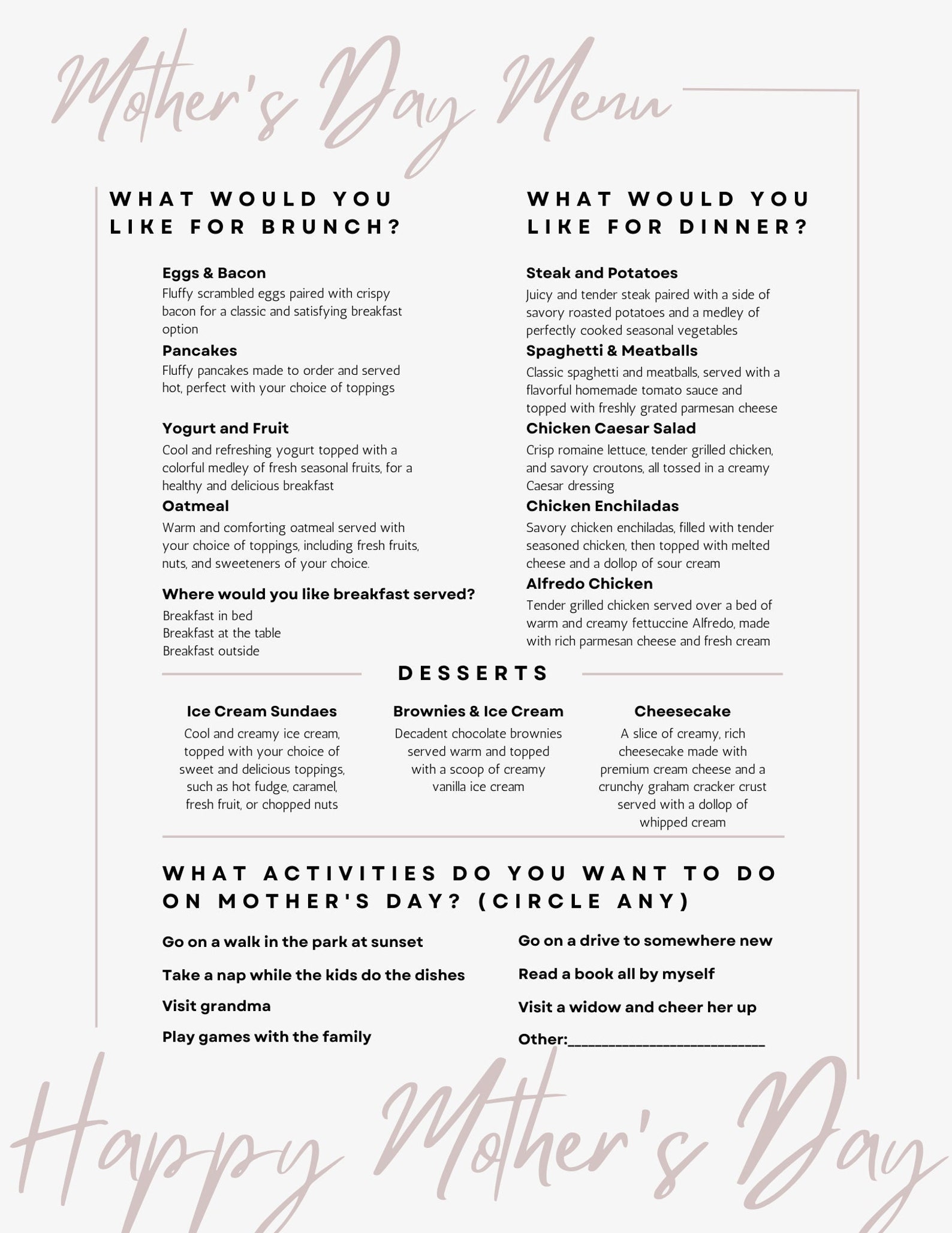 Mother's Day Menu Choice Checklist (canva Template) - Etsy
