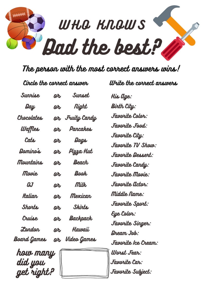 Father's Day Game Activity Quiz Who Knows Dad Best Quiz Game Fun Party ...