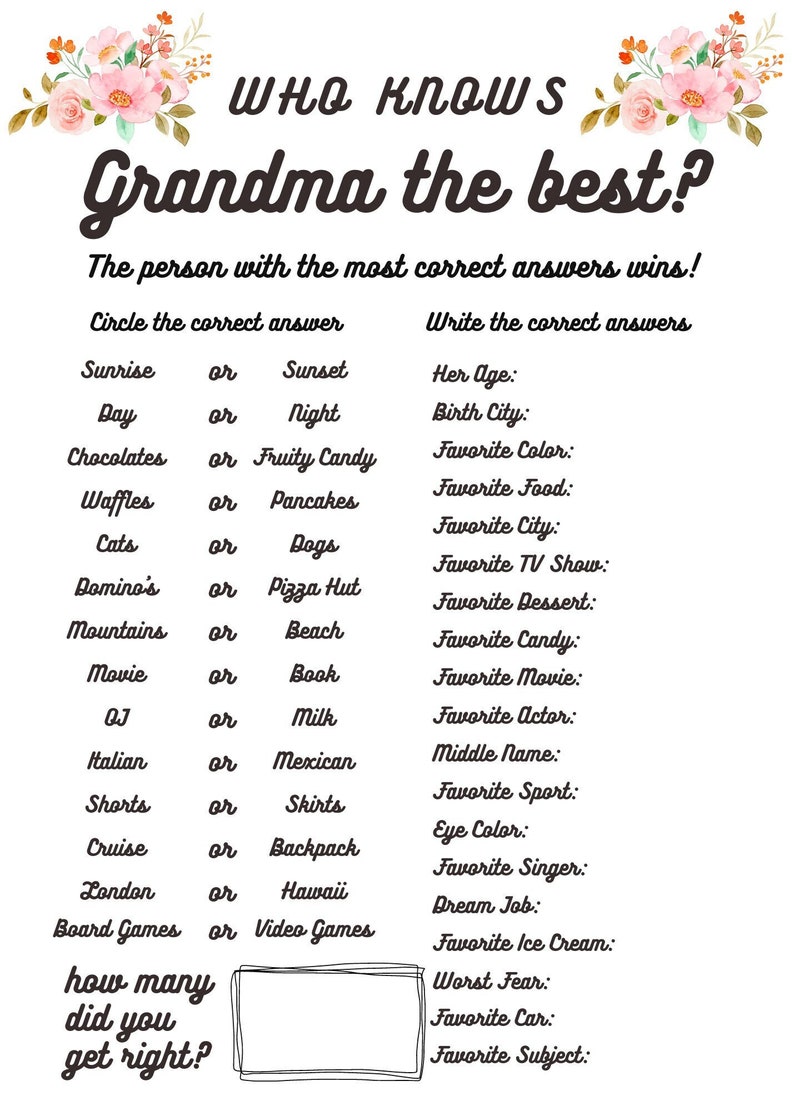 Grandma Trivia Quiz Game: Mother's Day Party Activity (PDF Download - Etsy