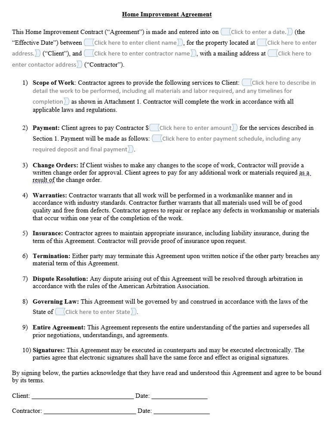 Agreement Home Improvement Contract With Contractor Remodel Renovation ...