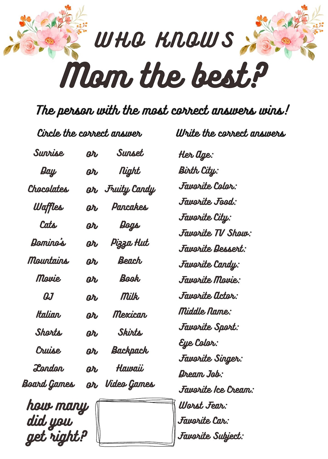 Mother's Day Game Activity Quiz Who Knows Mom Best Quiz Game Fun Party ...