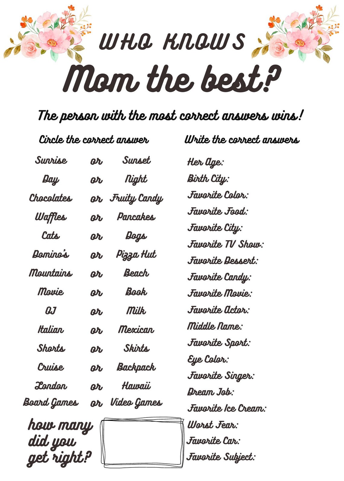 Mother's Day Game Activity Quiz Who Knows Mom Best Quiz Game Fun Party ...