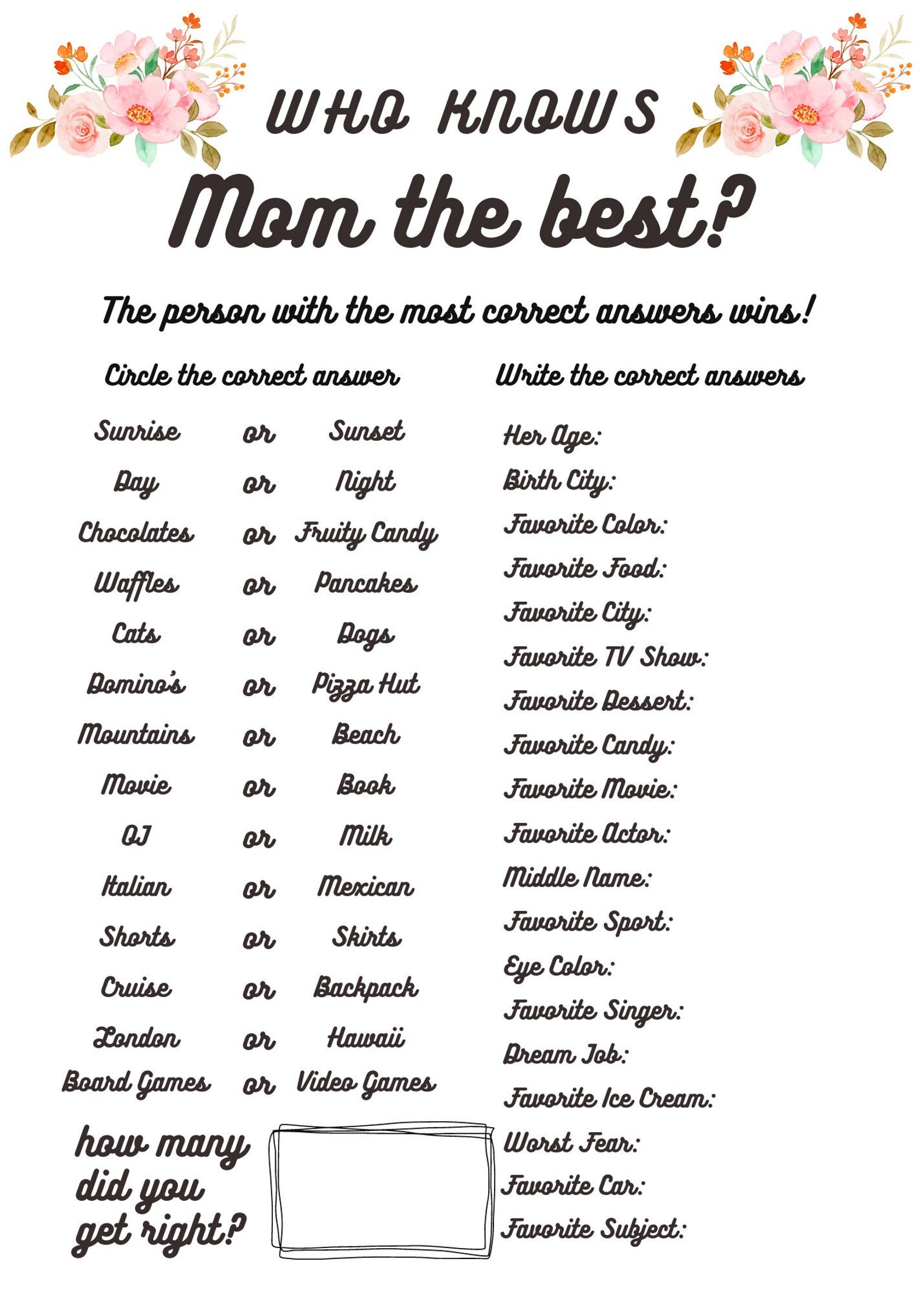 Mother's Day Game Activity Quiz Who Knows Mom Best Quiz Game Fun Party ...