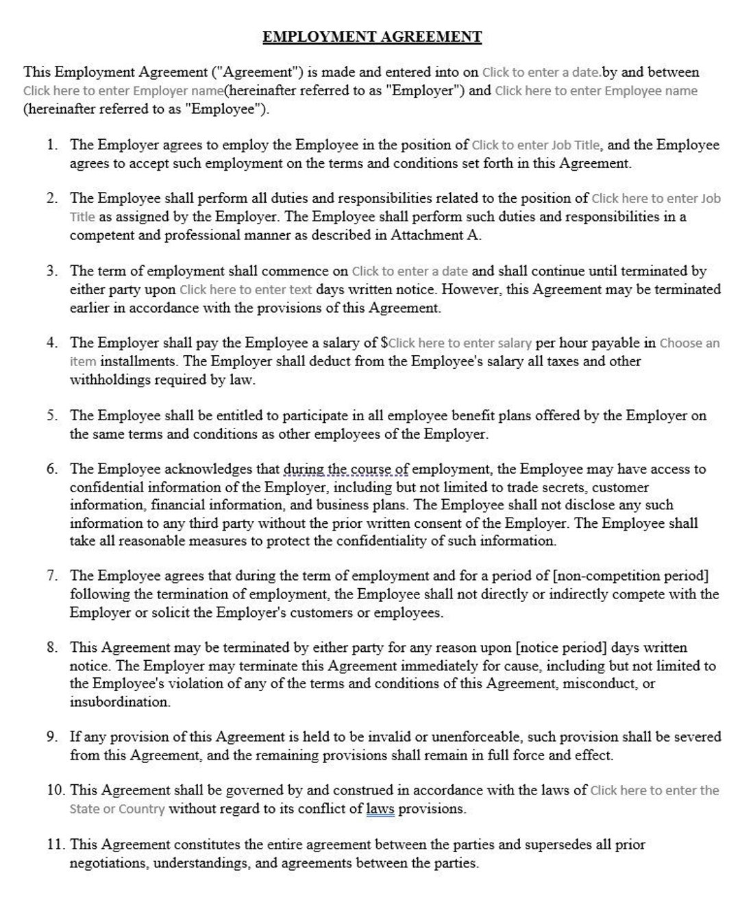 Contract Employment Agreement Template Fillable Form Customize Editable ...