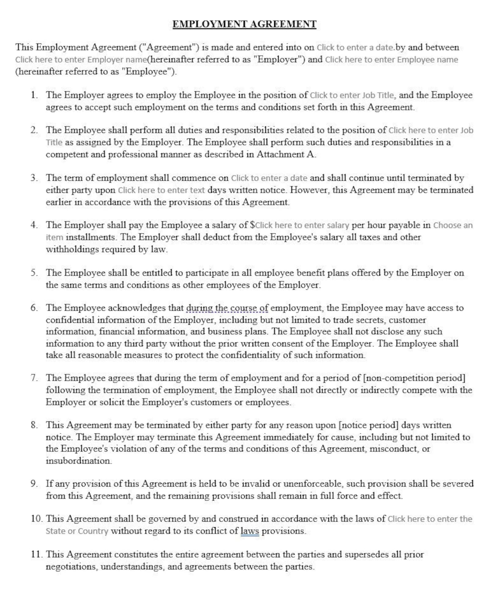 Contract Employment Agreement Template Fillable Form Customize Editable ...