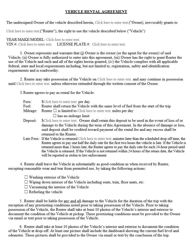 Car Rental Agreement Template Fillable Form Customize Editable Vehicle ...