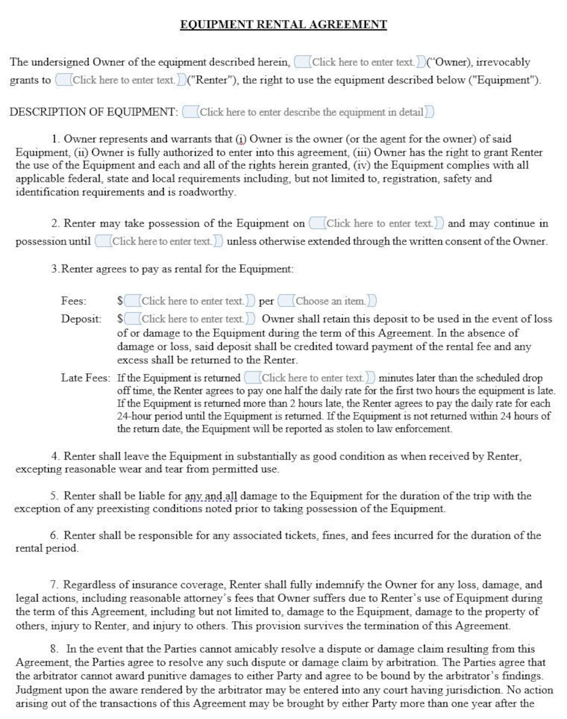Agreement Contract Equipment Rental Agreement Template Fillable Form ...