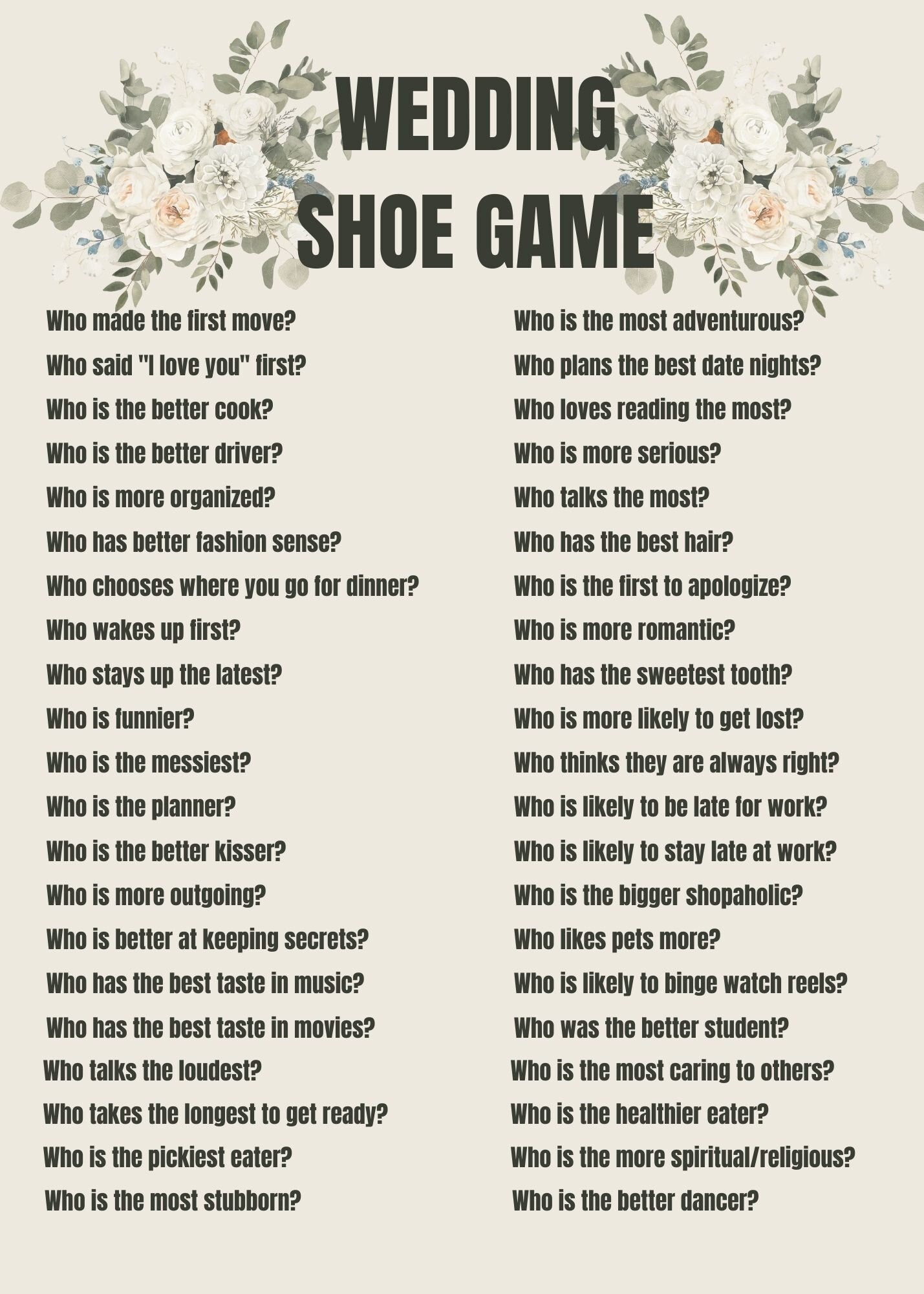 Best wedding shoe game questions | Honestweddingadvice.com