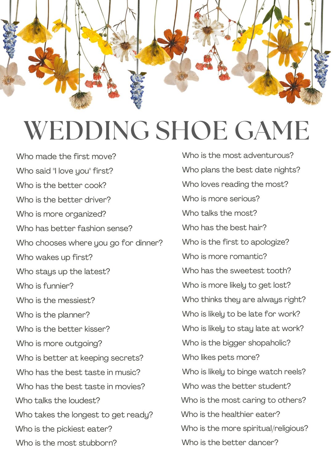 Floral Wedding Shoe Game for Couples - Etsy