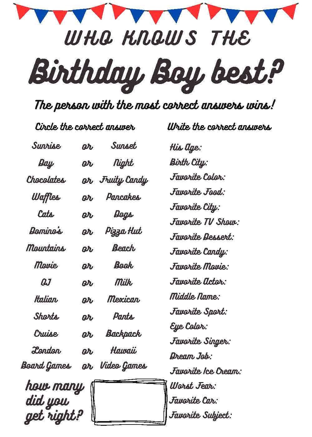 Birthday Game Activity Who Knows the Birthday Boy Best Quiz Birthday ...