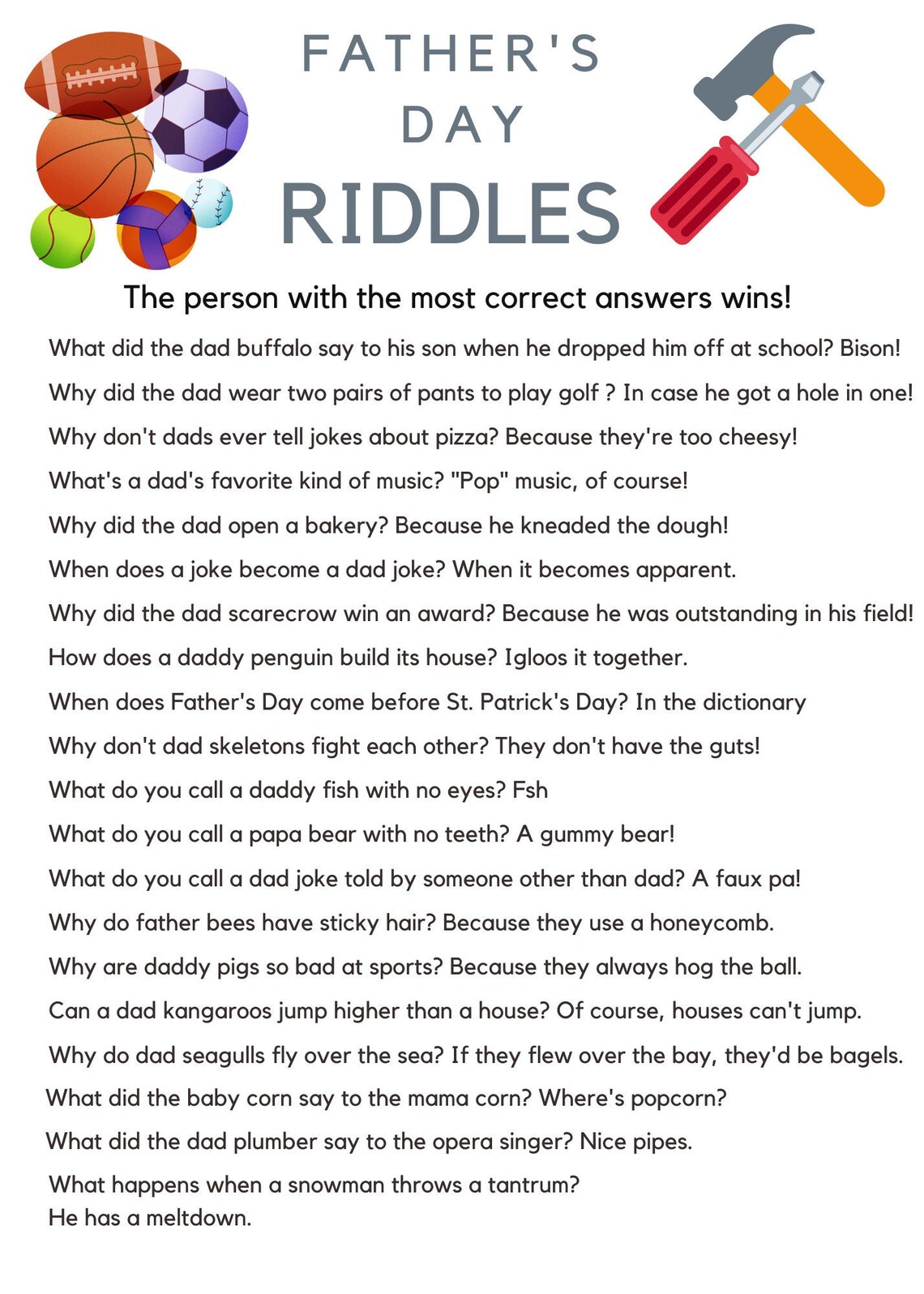 Father's Day Riddle Game for Kids Printable Party Game Dad - Etsy