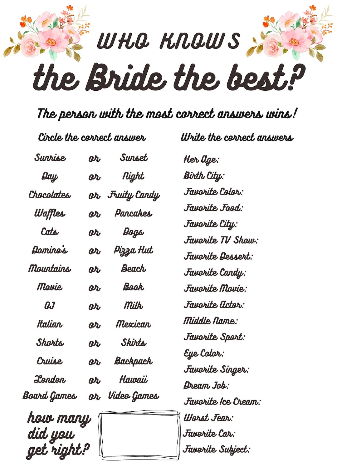 Wedding Bride Game Activity Quiz Who Knows the Bride Best Quiz Game Fun ...