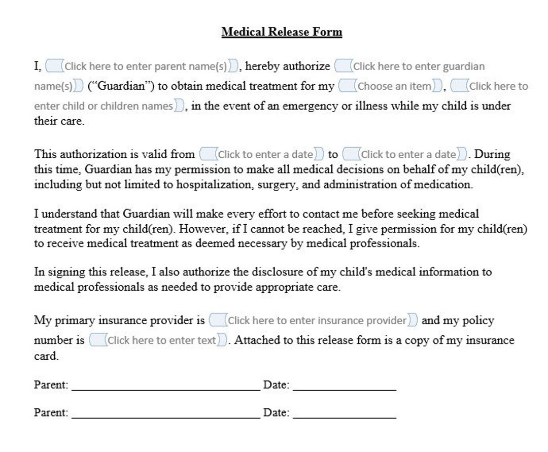 Medical Release Form Template Temporary Release Of Medical