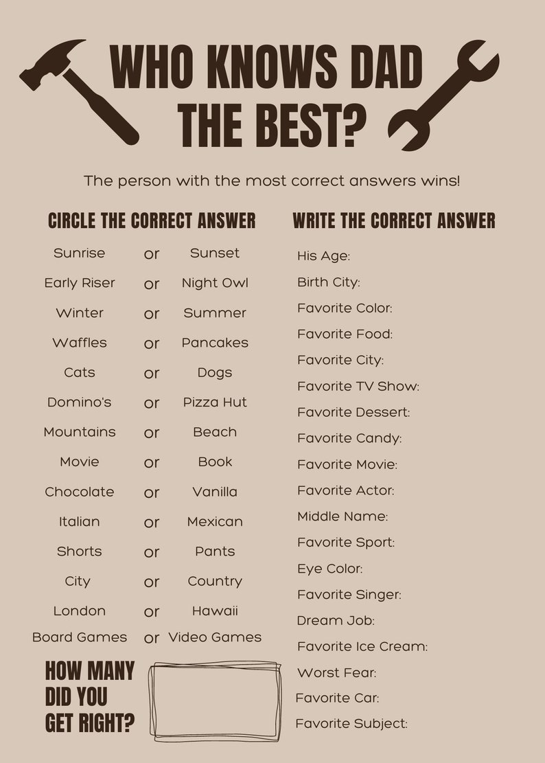 Father's Day Game Activity Quiz Who Knows Dad Best Quiz Game Fun Party ...