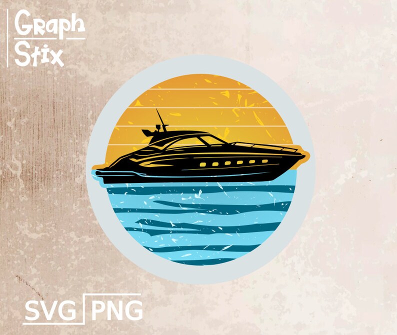 Vintage Sticker Template, Speed Boat on Water, Sunrise, Sunset Design ...
