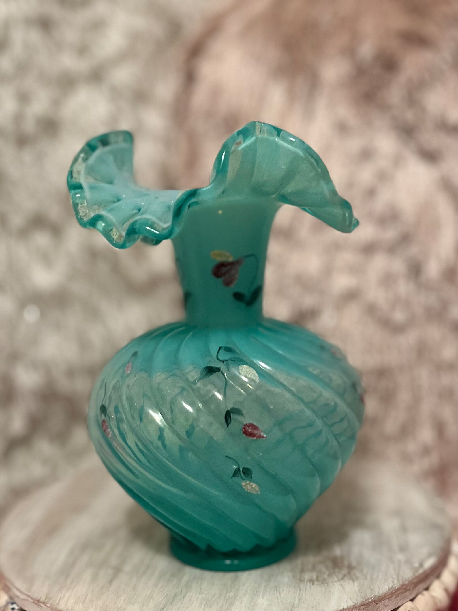 FENTON Vintage Opalescent Aqua Teal Handpainted Vase - Signed by Dan ...