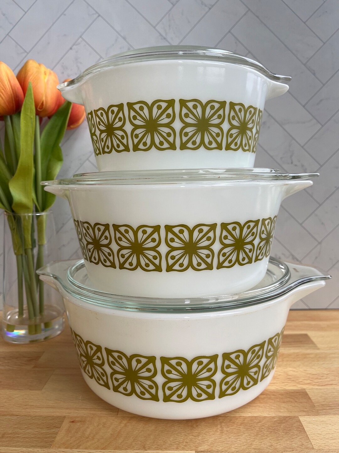 Vintage 1965 Pyrex Autumn Floral 6-piece Casserole Stack With Glass ...