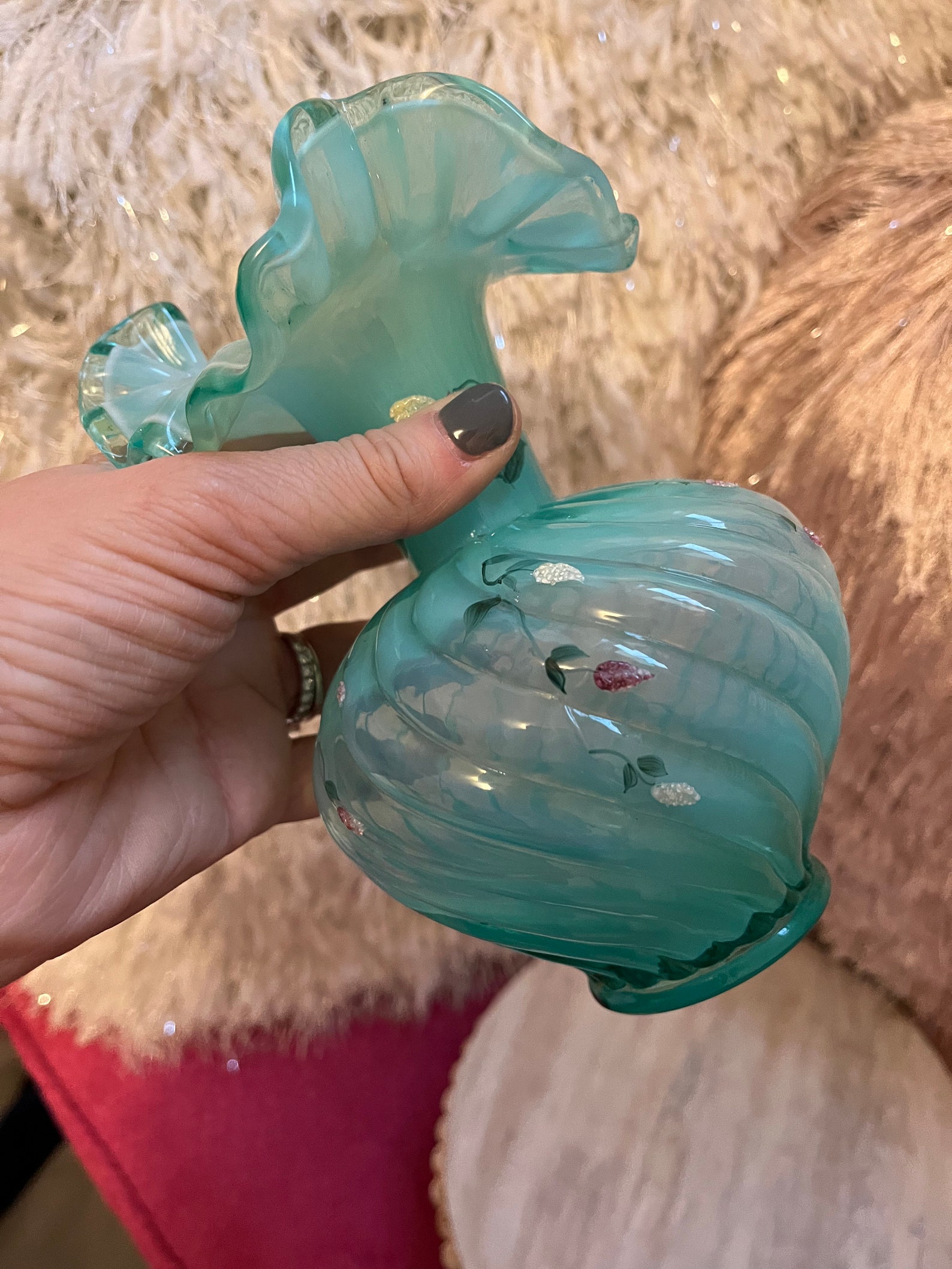 FENTON Vintage Opalescent Aqua Teal Handpainted Vase - Signed by Dan ...