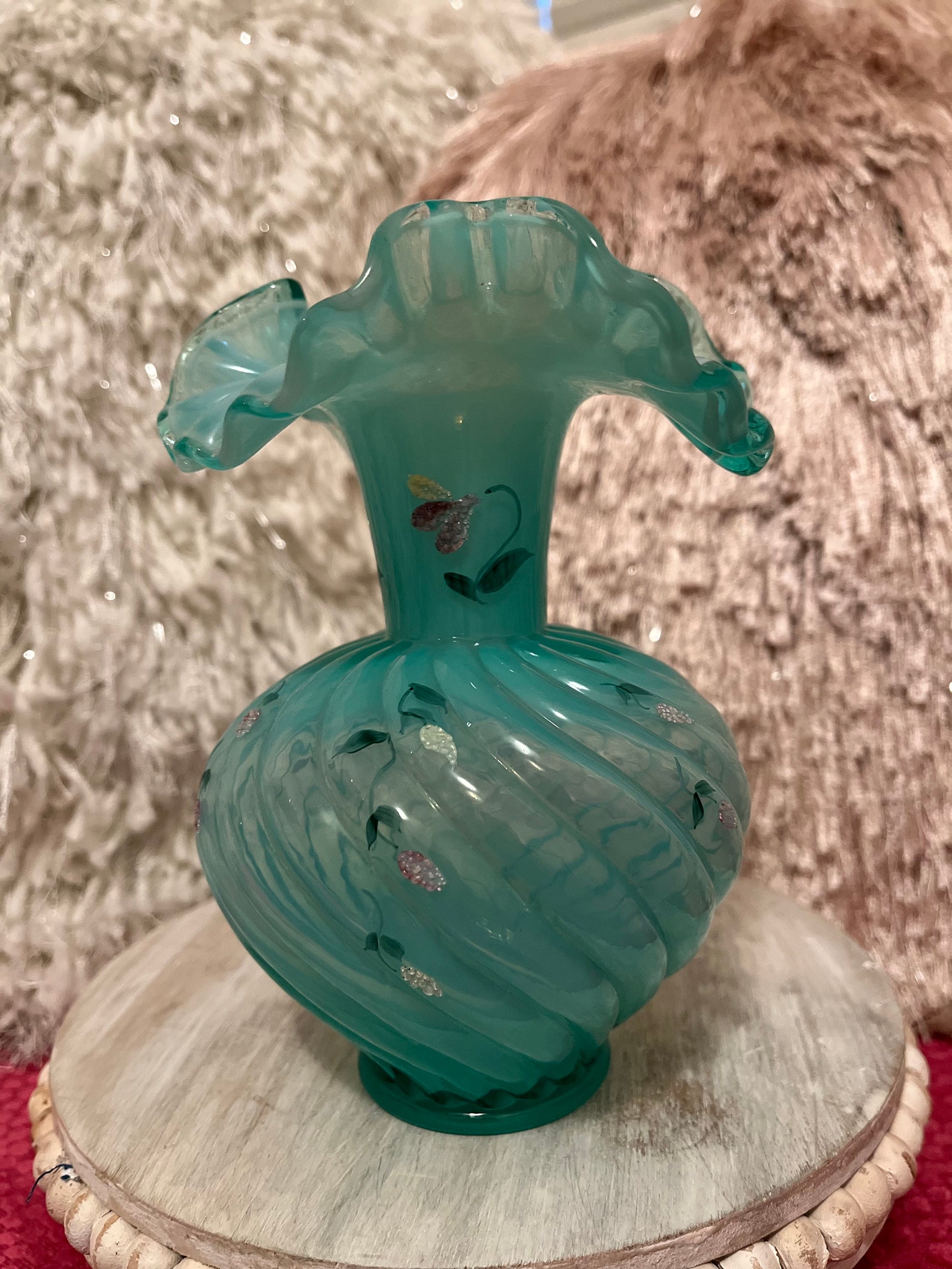 FENTON Vintage Opalescent Aqua Teal Handpainted Vase - Signed by Dan ...